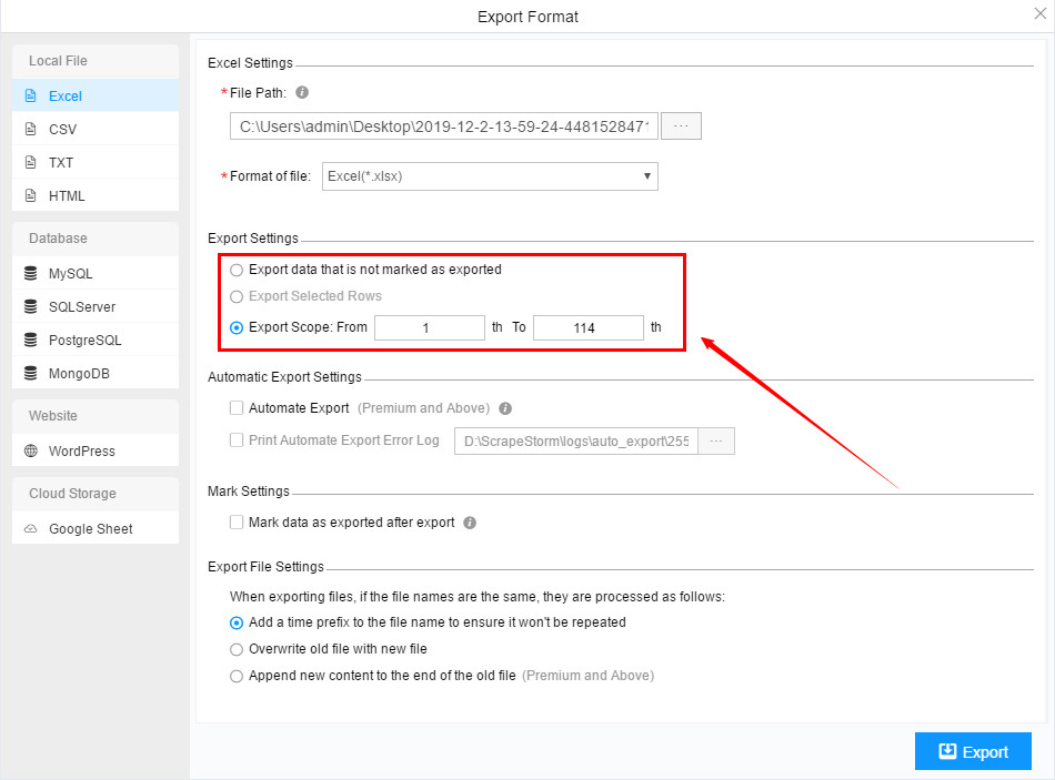 Resources - Flowchart Mode - How to export data - ScrapeStorm